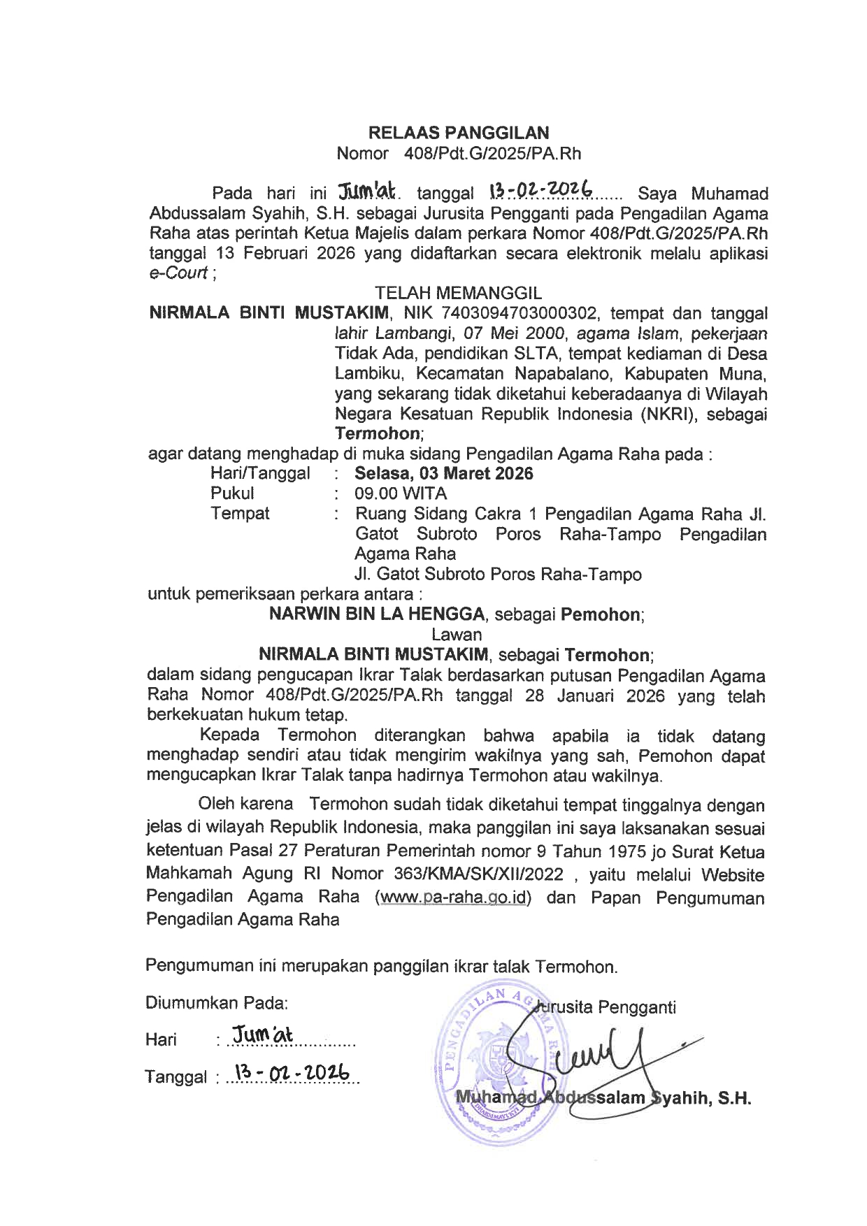 PENGADILAN AGAMA RAHA KELAS 1B - Panggilan Ikrar Talak Termohon Ghaib ...